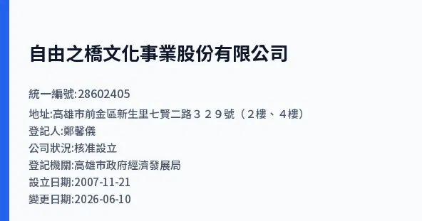 自由之橋文化事業股份有限公司的照片-統編 28602405(高雄市) 公司登記資料與營業項目詳細圖表