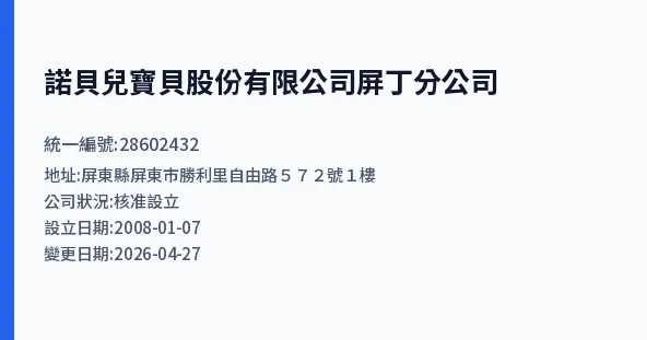 諾貝兒寶貝股份有限公司屏丁分公司的照片-統編 28602432(屏東縣) 公司登記資料與營業項目詳細圖表