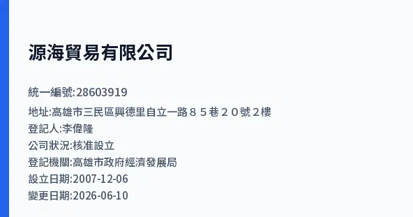 源海貿易有限公司的照片-統編 28603919(高雄市) 公司登記資料與營業項目詳細圖表