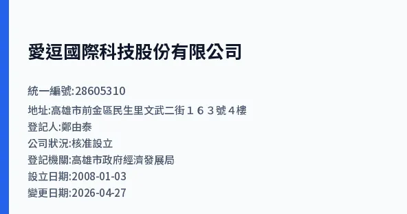 愛逗國際科技股份有限公司的照片-統編 28605310(高雄市) 公司登記資料與營業項目詳細圖表