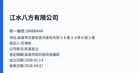江水八方有限公司的照片-統編 28606444(高雄市) 公司登記資料與營業項目詳細圖表