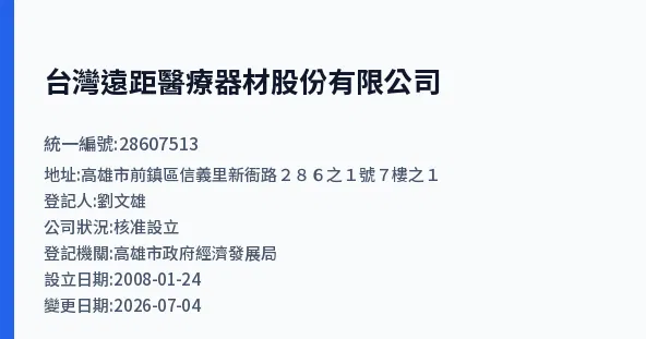 台灣遠距醫療器材股份有限公司的照片-統編 28607513(高雄市) 公司登記資料與營業項目詳細圖表