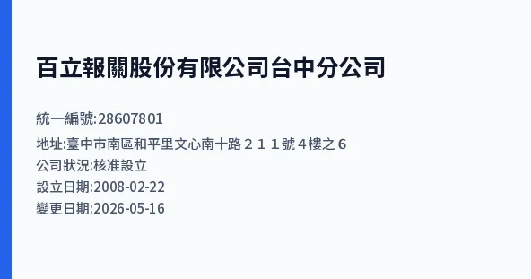 百立報關股份有限公司台中分公司的照片-統編 28607801(臺中市) 公司登記資料與營業項目詳細圖表