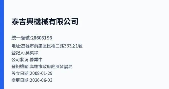 泰吉興機械有限公司的照片-統編 28608196(高雄市) 公司登記資料與營業項目詳細圖表