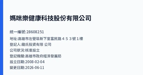 媽咪樂健康科技股份有限公司的照片-統編 28608251(高雄市) 公司登記資料與營業項目詳細圖表