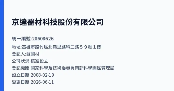 京達醫材科技股份有限公司的照片-統編 28608626(高雄市) 公司登記資料與營業項目詳細圖表