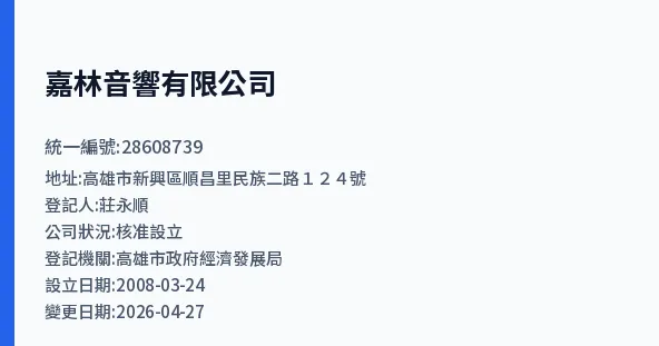 嘉林音響有限公司的照片-統編 28608739(高雄市) 公司登記資料與營業項目詳細圖表
