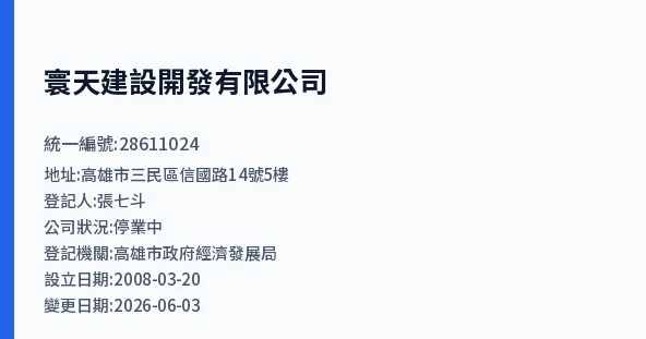 寰天建設開發有限公司的照片-統編 28611024(高雄市) 公司登記資料與營業項目詳細圖表