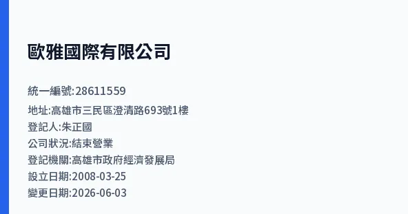歐雅國際有限公司的照片-統編 28611559(高雄市) 公司登記資料與營業項目詳細圖表