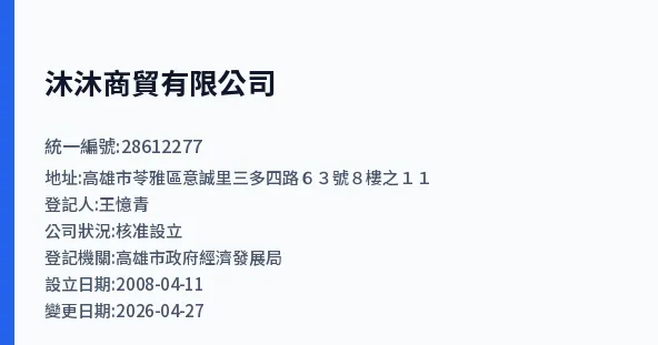 沐沐商貿有限公司的照片-統編 28612277(高雄市) 公司登記資料與營業項目詳細圖表