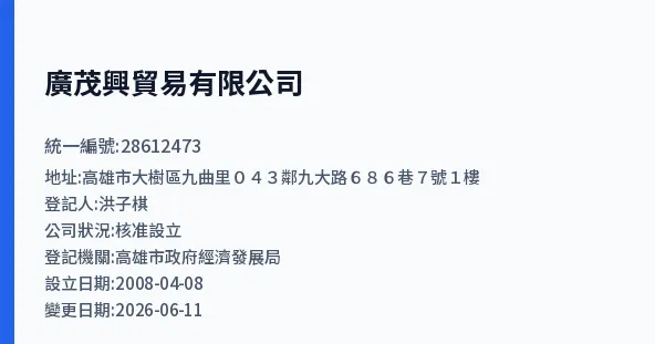 廣茂興貿易有限公司的照片-統編 28612473(高雄市) 公司登記資料與營業項目詳細圖表