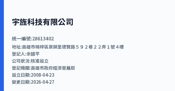 宇旌科技有限公司的照片-統編 28613402(高雄市) 公司登記資料與營業項目詳細圖表