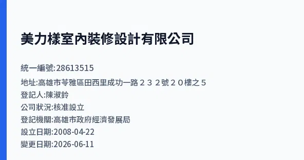 美力樣室內裝修設計有限公司的照片-統編 28613515(高雄市) 公司登記資料與營業項目詳細圖表