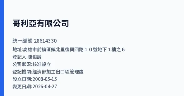 哥利亞有限公司的照片-統編 28614330(高雄市) 公司登記資料與營業項目詳細圖表