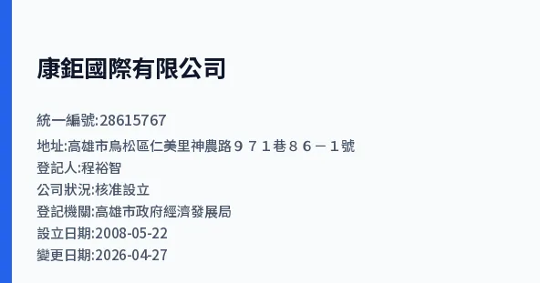 康鉅國際有限公司的照片-統編 28615767(高雄市) 公司登記資料與營業項目詳細圖表