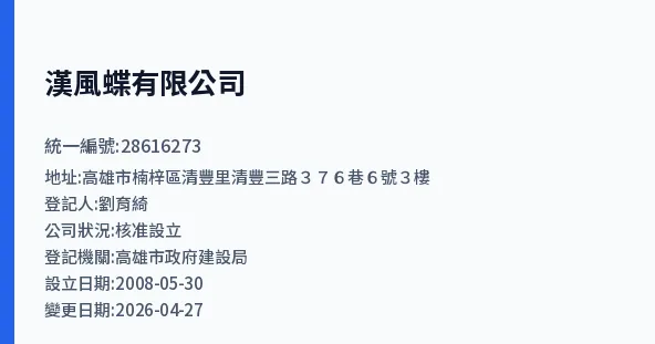 漢風蝶有限公司的照片-統編 28616273(高雄市) 公司登記資料與營業項目詳細圖表