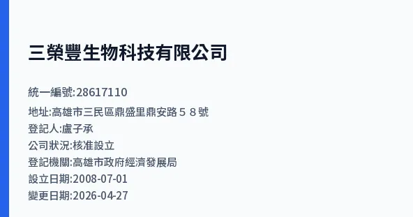 三榮豐生物科技有限公司的照片-統編 28617110(高雄市) 公司登記資料與營業項目詳細圖表