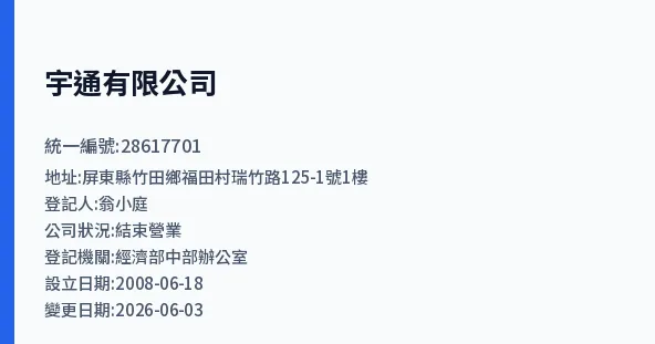 宇通有限公司的照片-統編 28617701(屏東縣) 公司登記資料與營業項目詳細圖表