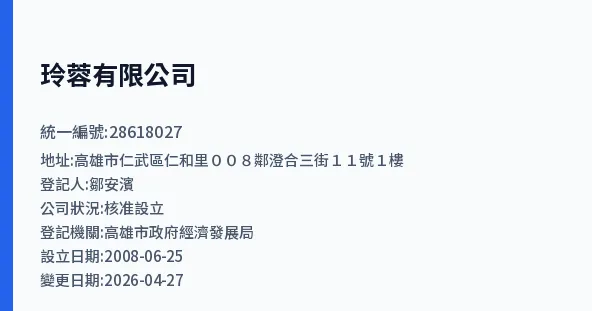 玲蓉有限公司的照片-統編 28618027(高雄市) 公司登記資料與營業項目詳細圖表