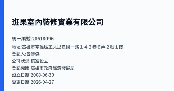 班果室內裝修實業有限公司的照片-統編 28618096(高雄市) 公司登記資料與營業項目詳細圖表