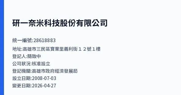 研一奈米科技股份有限公司的照片-統編 28618883(高雄市) 公司登記資料與營業項目詳細圖表