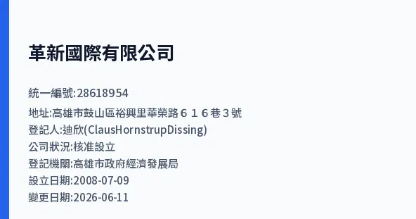 革新國際有限公司的照片-統編 28618954(高雄市) 公司登記資料與營業項目詳細圖表