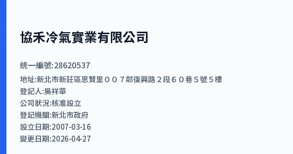 協禾冷氣實業有限公司的照片-統編 28620537(新北市) 公司登記資料與營業項目詳細圖表