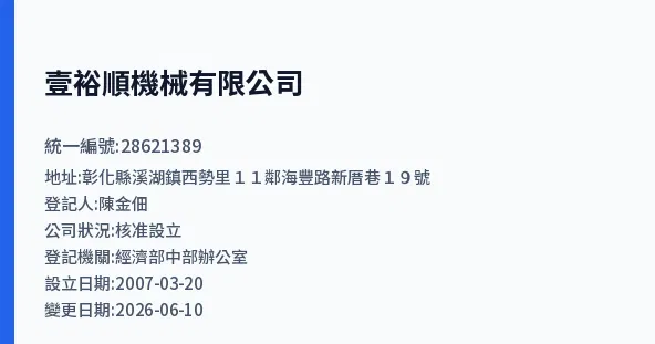 壹裕順機械有限公司的照片-統編 28621389(彰化縣) 公司登記資料與營業項目詳細圖表