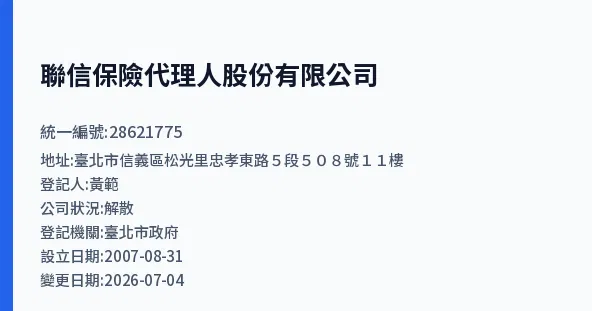 聯信保險代理人股份有限公司的照片-統編 28621775(臺北市) 公司登記資料與營業項目詳細圖表