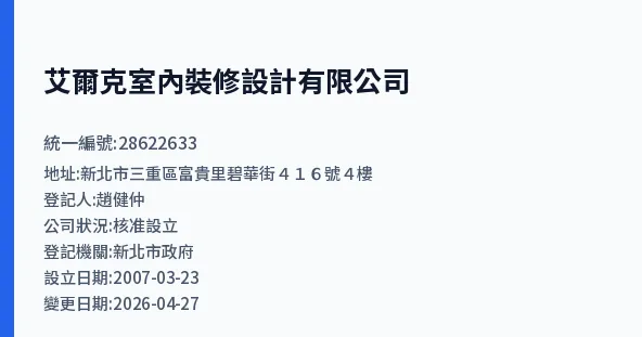 艾爾克室內裝修設計有限公司的照片-統編 28622633(新北市) 公司登記資料與營業項目詳細圖表