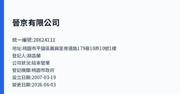 晉京有限公司的照片-統編 28624111(桃園市) 公司登記資料與營業項目詳細圖表
