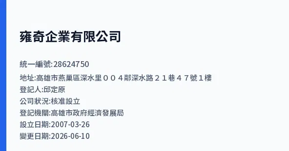 雍奇企業有限公司的照片-統編 28624750(高雄市) 公司登記資料與營業項目詳細圖表