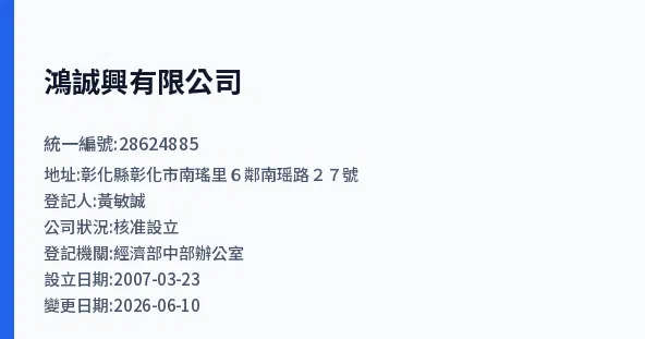 鴻誠興有限公司的照片-統編 28624885(彰化縣) 公司登記資料與營業項目詳細圖表