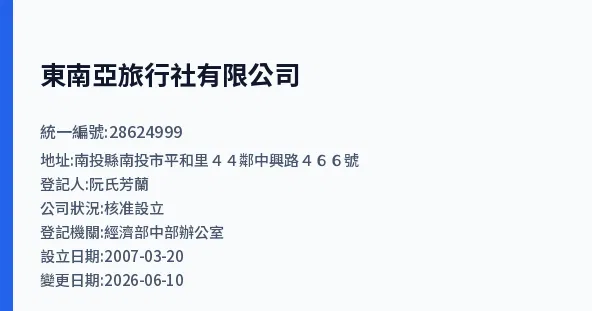 東南亞旅行社有限公司的照片-統編 28624999(南投縣) 公司登記資料與營業項目詳細圖表