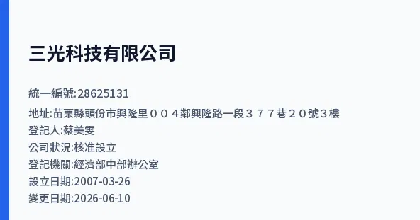 三光科技有限公司的照片-統編 28625131(苗栗縣) 公司登記資料與營業項目詳細圖表