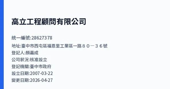 高立工程顧問有限公司的照片-統編 28627378(臺中市) 公司登記資料與營業項目詳細圖表