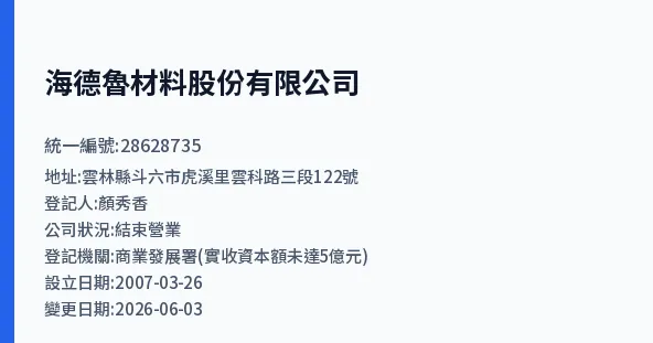 海德魯材料股份有限公司的照片-統編 28628735(雲林縣) 公司登記資料與營業項目詳細圖表