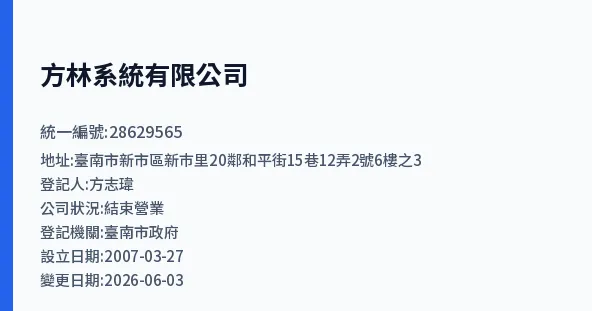 方林系統有限公司的照片-統編 28629565(臺南市) 公司登記資料與營業項目詳細圖表