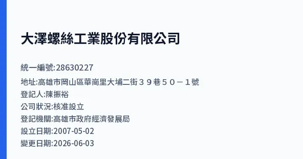 大澤螺絲工業股份有限公司的照片-統編 28630227(高雄市) 公司登記資料與營業項目詳細圖表