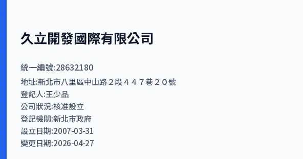 久立開發國際有限公司的照片-統編 28632180(新北市) 公司登記資料與營業項目詳細圖表
