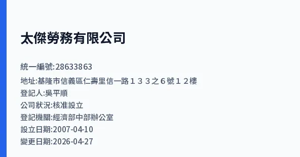 太傑勞務有限公司的照片-統編 28633863(基隆市) 公司登記資料與營業項目詳細圖表