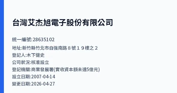 台灣艾杰旭電子股份有限公司的照片-統編 28635102(新竹縣) 公司登記資料與營業項目詳細圖表