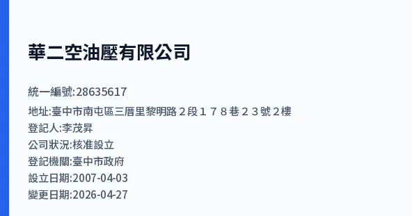 華二空油壓有限公司的照片-統編 28635617(臺中市) 公司登記資料與營業項目詳細圖表