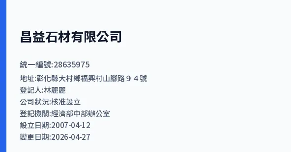 昌益石材有限公司的照片-統編 28635975(彰化縣) 公司登記資料與營業項目詳細圖表