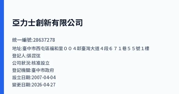 亞力士創新有限公司的照片-統編 28637278(臺中市) 公司登記資料與營業項目詳細圖表