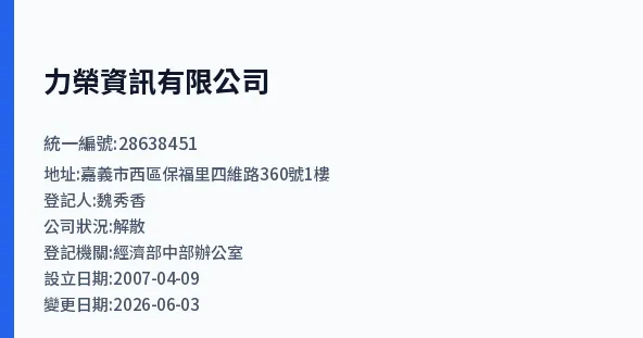 力榮資訊有限公司的照片-統編 28638451(嘉義市) 公司登記資料與營業項目詳細圖表