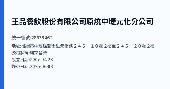 王品餐飲股份有限公司原燒中壢元化分公司的照片-統編 28638467(桃園市) 公司登記資料與營業項目詳細圖表
