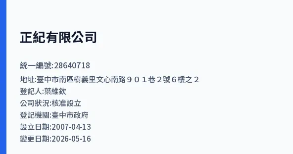 正紀有限公司的照片-統編 28640718(臺中市) 公司登記資料與營業項目詳細圖表