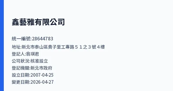 鑫藝雅有限公司的照片-統編 28644783(新北市) 公司登記資料與營業項目詳細圖表