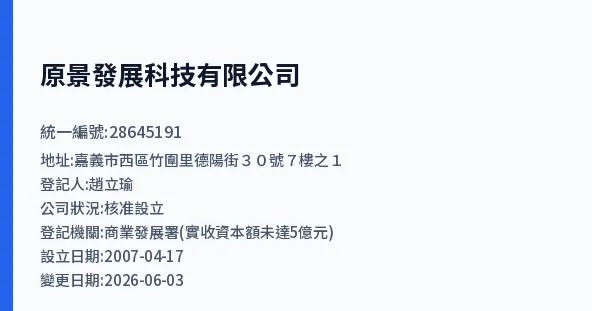 原景發展科技有限公司的照片-統編 28645191(嘉義市) 公司登記資料與營業項目詳細圖表
